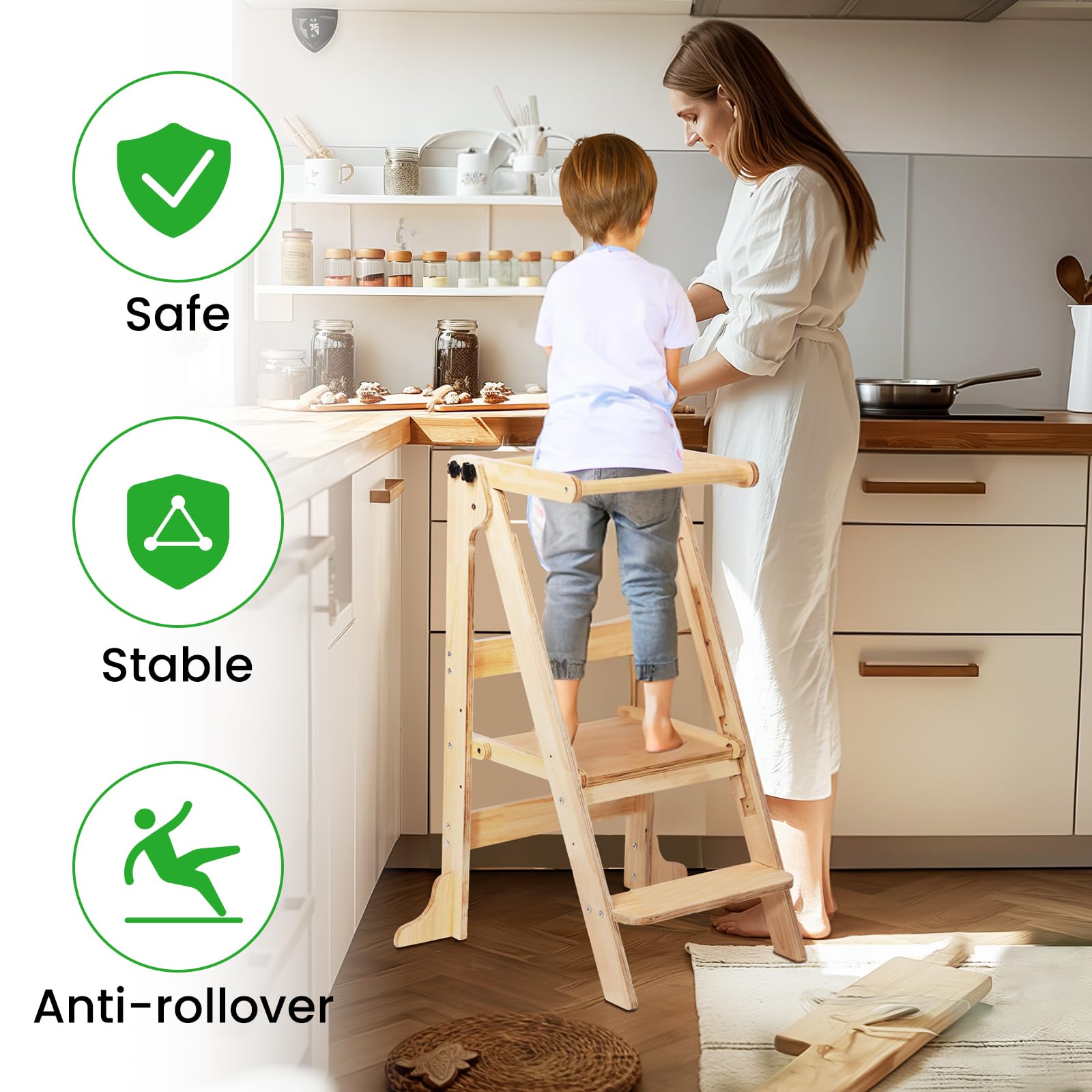 Toddler Tower Foldable - Kids Kitchen Step Stool with 3 Adjustable Heights & Safety Rail, Montessori Tower with Chalkboard for Learning, Standing Tower Helper Stool for Kitchen Counter Sink (Natural)