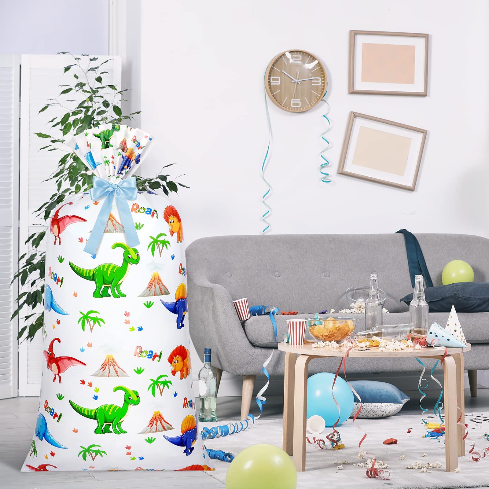 Teling 2 Pcs 70 x 40 Extra Large Jumbo Gift Bag for Giant Gifts, Extra Big Plastic Present Bag for Huge Gifts Wrapping Bags with 2 Rolls Ribbons for Birthday Party(Dinosaur Style)
