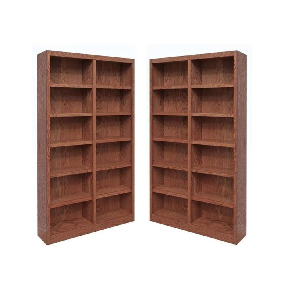 Home Square Tall 12-Shelf Double Wide Solid Wood 84" Bookcase, Set of 2, in Dry Oak
