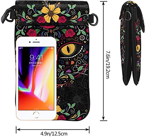 Day of the Dead Kitty Cat Sugar Skull Women Soft PU Leather Cellphone Purse Wallet Handbag Small Crossbody Shoulder Bag