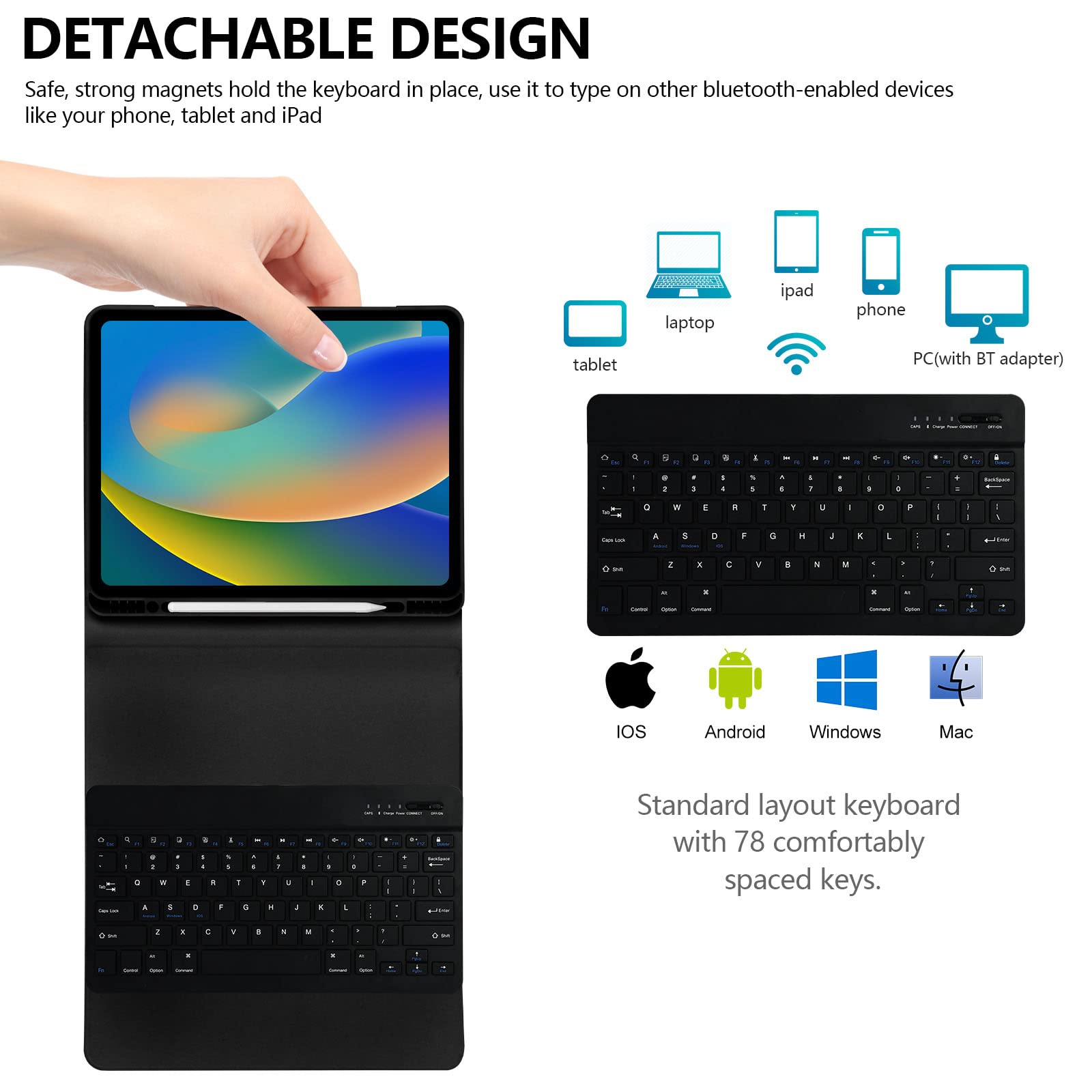 besky Keyboard Case for iPad Pro 12.9 inch (5th, 6th Generation) & New Air 13 inch M2 (Only Applies to 3 iPads Model) - Wireless Detachable Keyboard- Pencil Holder, with Auto Sleep/Wake Function