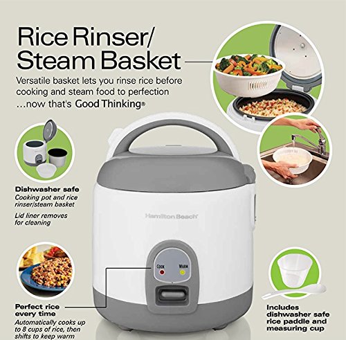 Hamilton Beach Mini Rice Cooker & Food Steamer, 8 Cups Cooked (4 Uncooked), With Steam & Rinse Basket, White (37508)
