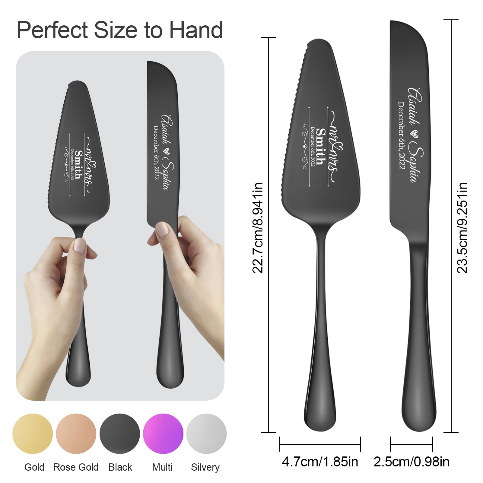 Atdesk Personalized Cake Cutting Set for Wedding, Stainless Steel Cake Knife and Server Set, Cake Cutter and Pie Server for Wedding, Birthday, Anniversary, Graduation Gift (Black)