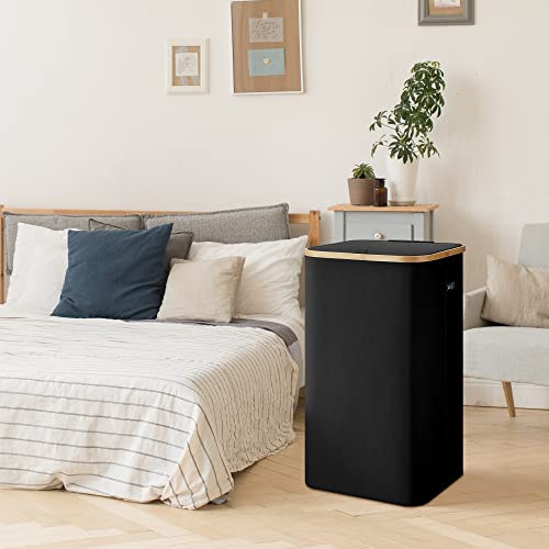 Bellzacasa Laundry Hamper with Lid, Black 100L Large Washing Basket for Laundry with Handles Laundry Basket for Bedroom Bamboo Bathroom Bin