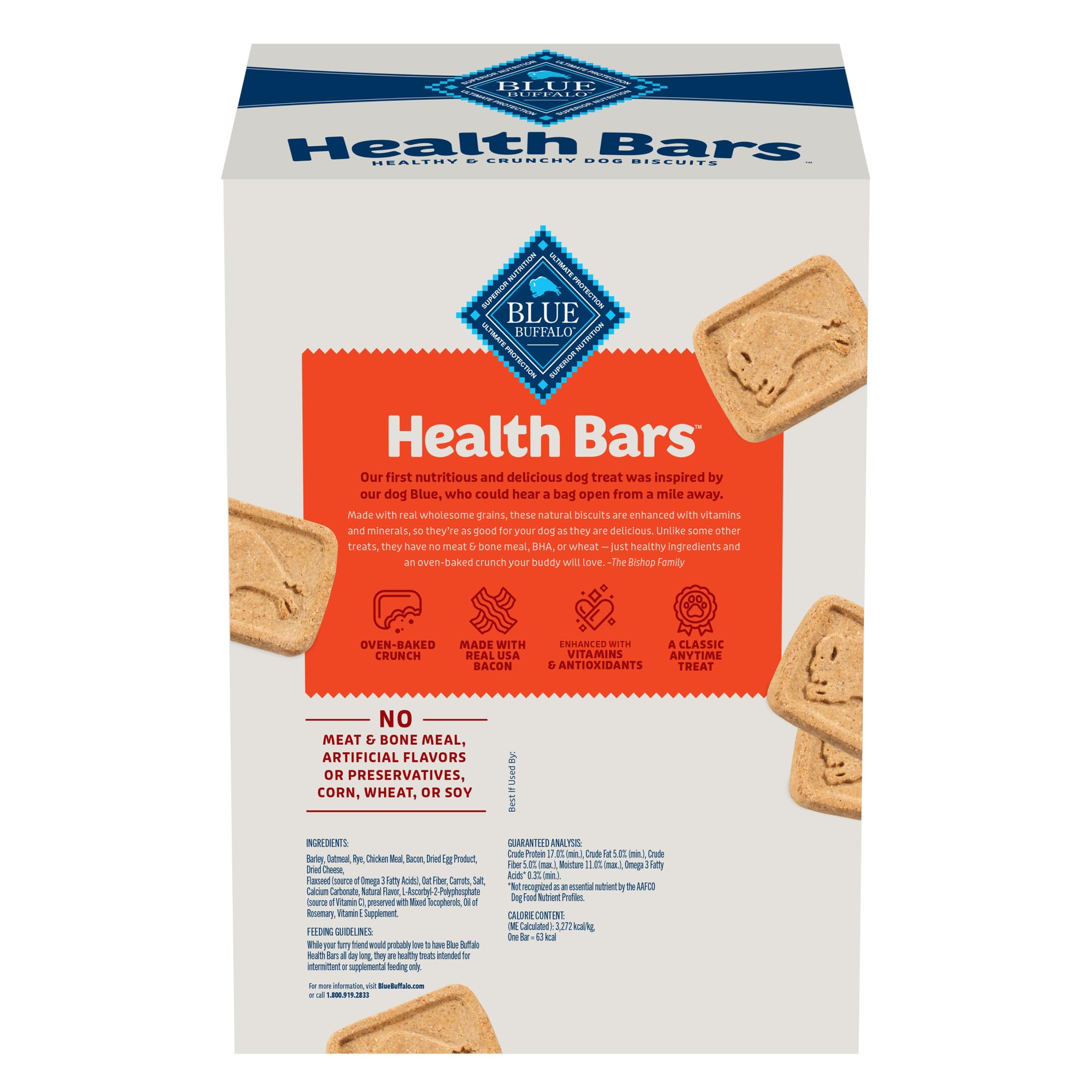 Blue Buffalo Health Bars Crunchy Dog Biscuits, Oven-Baked With Natural Ingredients, Bacon, Egg & Cheese, 3-lb Box