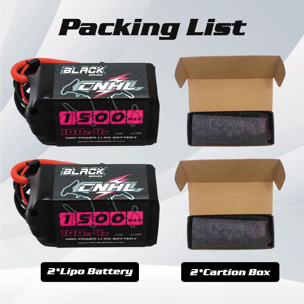 CNHL 1500mAh 4S Lipo Battery 14.8V 100C with XT60 Plug for FPV Drone Racing RC Quadcopter Helicopter Airplane Boat Car(2 Packs)