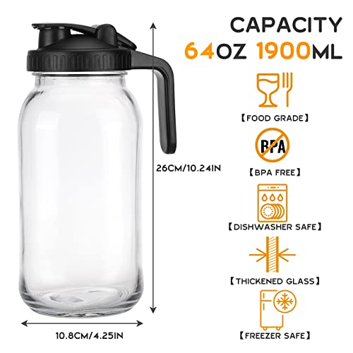 CUCUMI 3pcs 64oz Wide Mouth Glass Mason Jar Pitcher, 2 Quart Heavy Duty Glass Pitcher with Lid and Spout for Cold Brewed Tea, Juice, Coffee, Milk