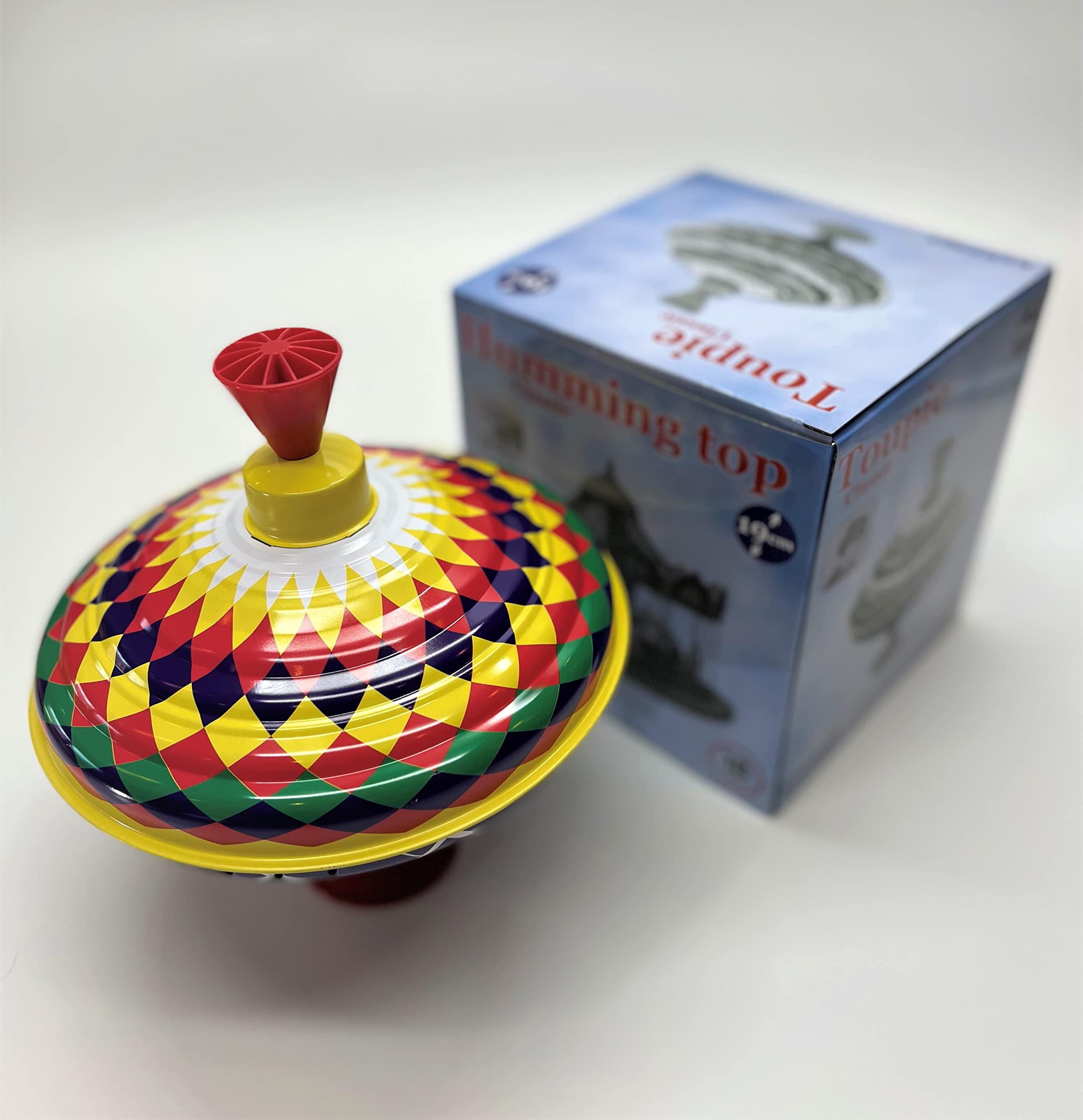 Classic Multicolour Spinning Tin Top Toy from KsmToys by Bolz. The Funny Buzzing Hum Gets Louder As The Top Spins Faster, 7.5" x 7.5" x 7.5" Ages 18 m+