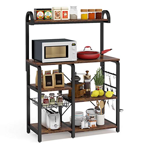 Tribesigns 35.5 inches Kitchen Baker’s Rack Microwave Oven Stand, Industrial Kitchen Cart Utility Storage Shelf Organizer Coffee Bar with Wire Basket and 6 Hooks (Rustic Brown)