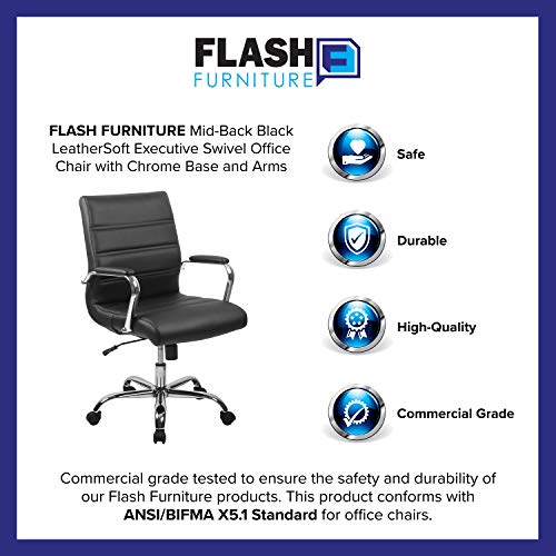 Flash Furniture Whitney Mid-Back Desk Chair - Black LeatherSoft Executive Swivel Office Chair with Chrome Frame - Swivel Arm Chair
