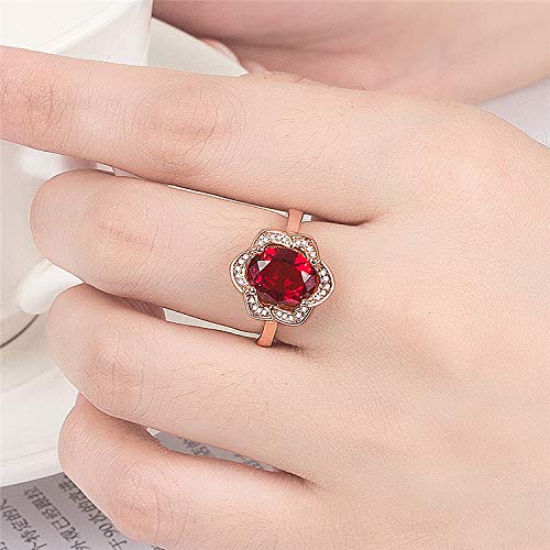 925 Silver Color Treasure Natural Rubellite Women's Ring Diamond Cluster Rings Rose Plated 18K Gold Flower Shape Ring Ruby Bridal Round Cut Cubic Zirconia Engagement Wedding Ring 583 (Red)