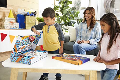 Hot Wheels HW Celebration Box Complete Starter Set with 6 1:64 Scale Cars, Track, Connectors, 4-Speed Launcher, Ramps, Activity Page & Stickers, Gift for Kids 4 Years Old & Up