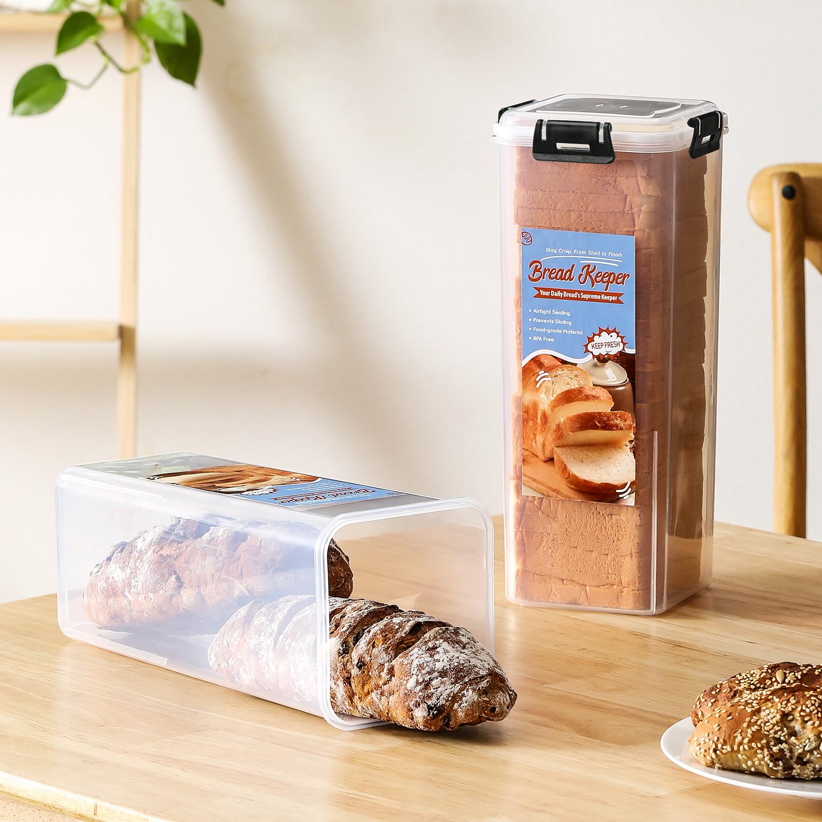 AOZITA Bread Box with Airtight Lid, Bread Storage Container, Bread Loaf Storage Dispenser, Plastic Sandwich Bread Keeper, Black Lid