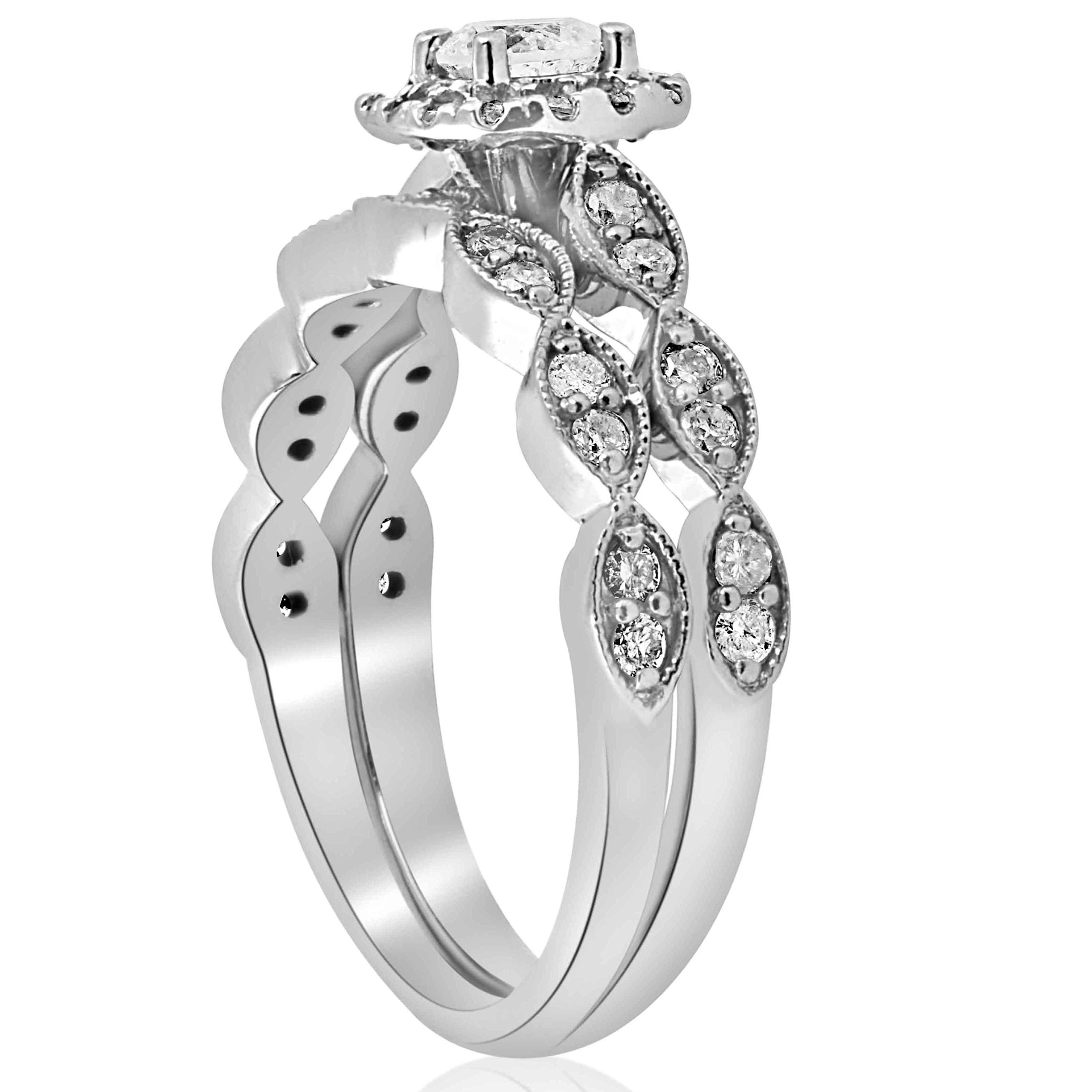7/8 cttw Cushion Halo Diamond Engagement Wedding Ring Set 14k White Gold Vintage - Size 7.5