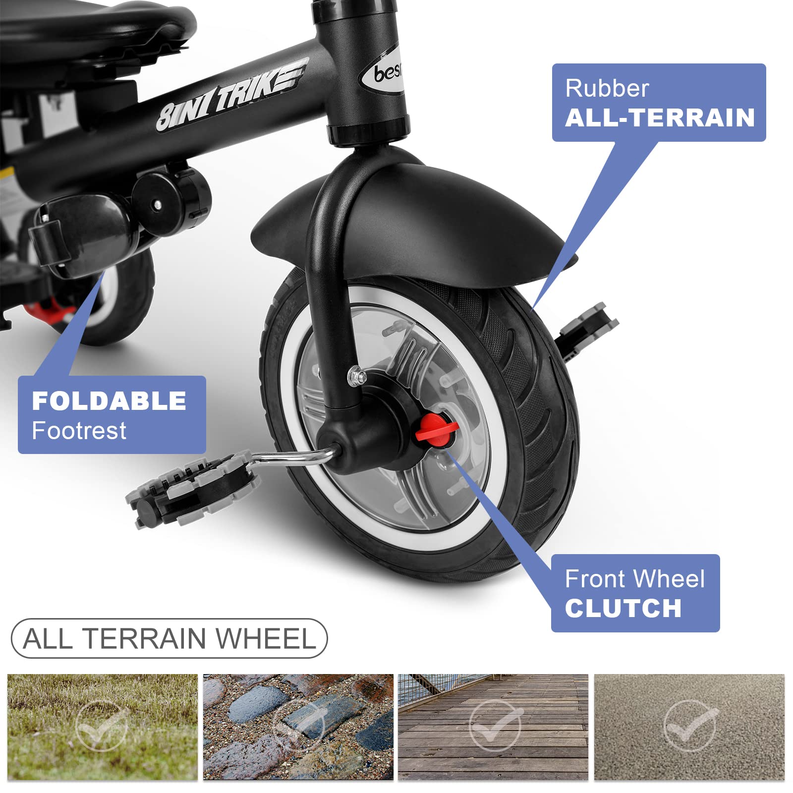 besrey Toddler Tricycle with Push Handle, Tricycle for toddlers 1-3, Baby Tricycle, Kids Tricycle, Tricycle Stroller with Push Handle, Trike for Toddlers, All Terrain Rubber Wheel, 360° Swivel Seat