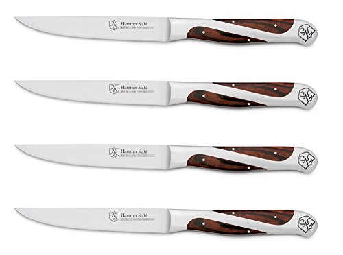 Hammer Stahl 4 Piece Steak Knife Set, 5-Inch - Non Serrated High Carbon German Steel - Ergonomic Quad-Tang Pakkawood Handle - Professional Balanced Cutlery