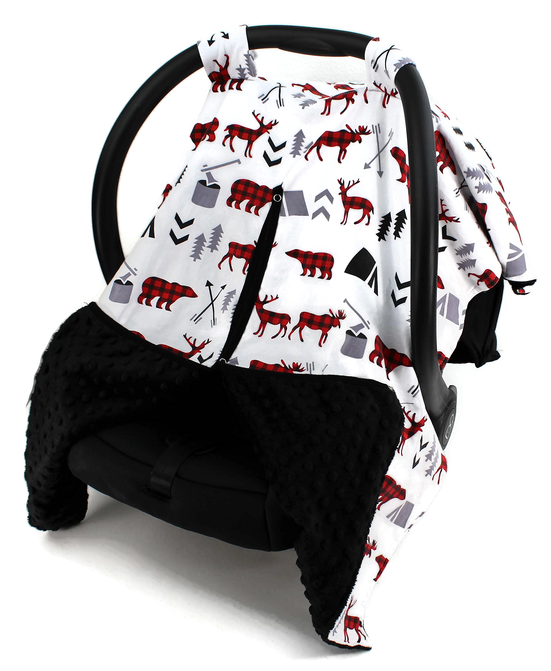 Dear Baby Gear Car Seat Canopy, Woodland Adventure Bear Moose Plaid, Minky Black