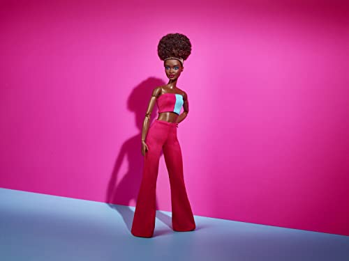Barbie Looks Doll with Natural Black Hair in Color Block Crop Top & Raspberry Flare Pants, Posable Made to Move Body For 6 years and older