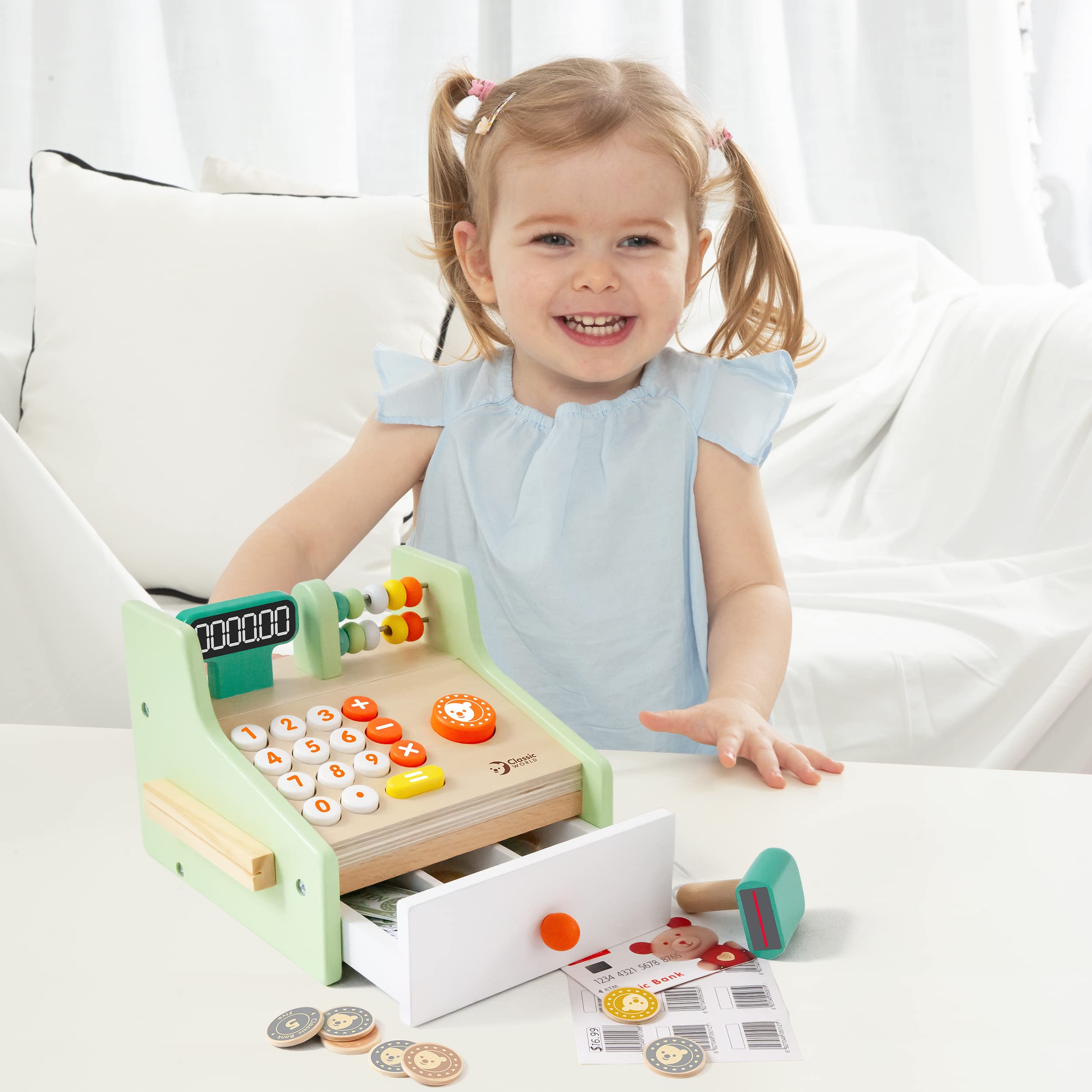 Classic World Cash Register Wooden Pretend Play Counting Toy for Kids Baby Gift