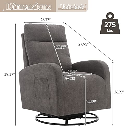 Deolme 360 Swivel Accent Glider Rocking Chair, Comfy Tufted Upholstered Glider Rocker for Nursery, Modern Armchair with Tall Back and Side Pocket for Living Room, Bedroom (Dark Gray)