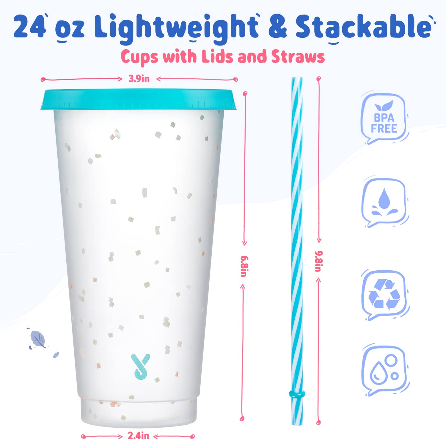 Meoky Confetti Color Changing Cups with Lids and Straws for Iced Coffee, Party, Pool - 6 Pack 24oz Reusable Plastic Tumblers for Kids and Adults