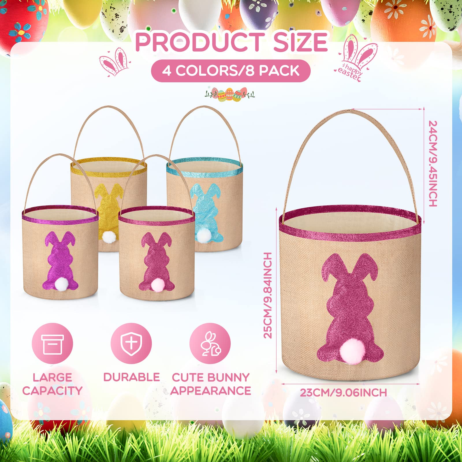 8 Pieces Easter Bunny Basket Bag Burlap Basket Egg Hunt Basket Fluffy Tails Rabbit Basket Tote Bag for Carrying and Eggs Hunt Bags