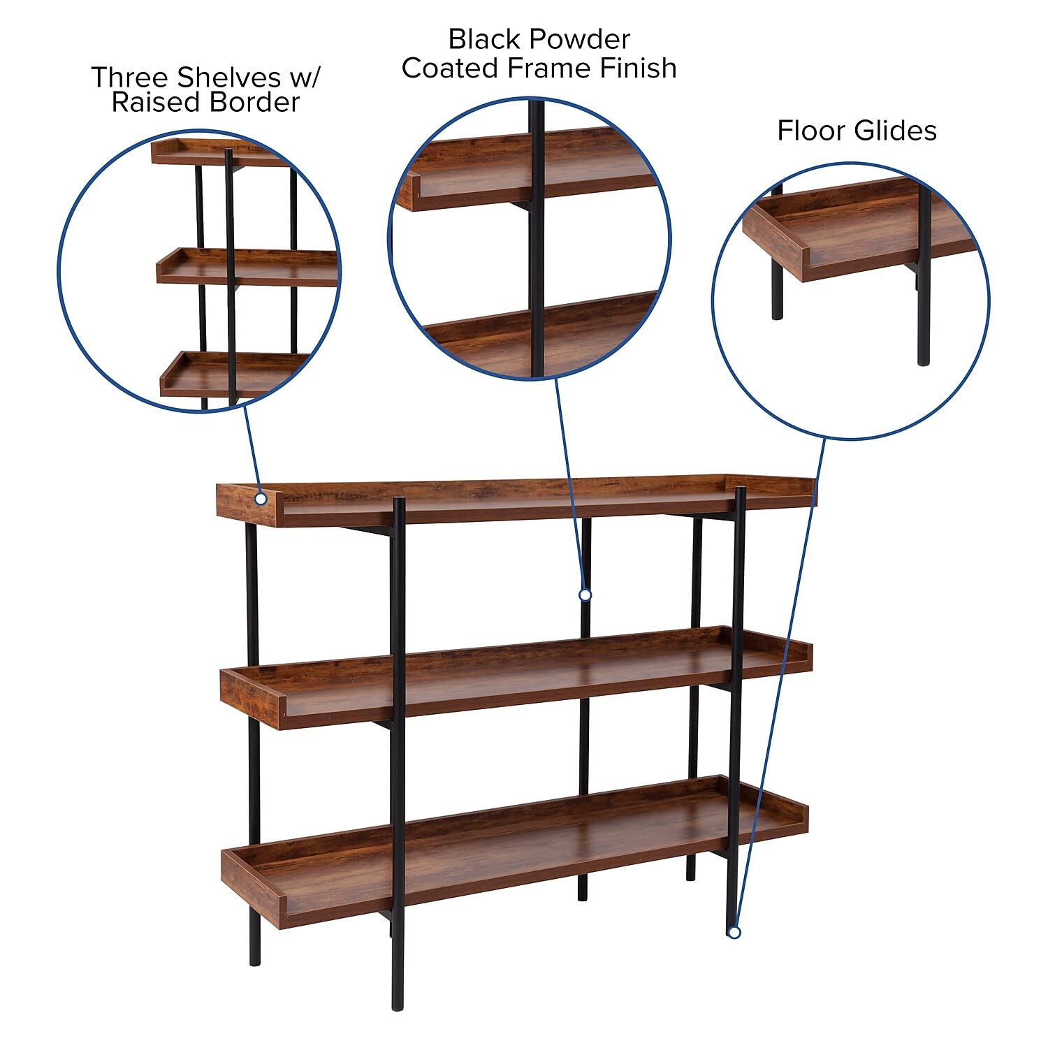 Flash Furniture Mayfair 3 Shelf 35"H Storage Display Unit Bookcase with Black Metal Frame in Rustic Wood Grain Finish