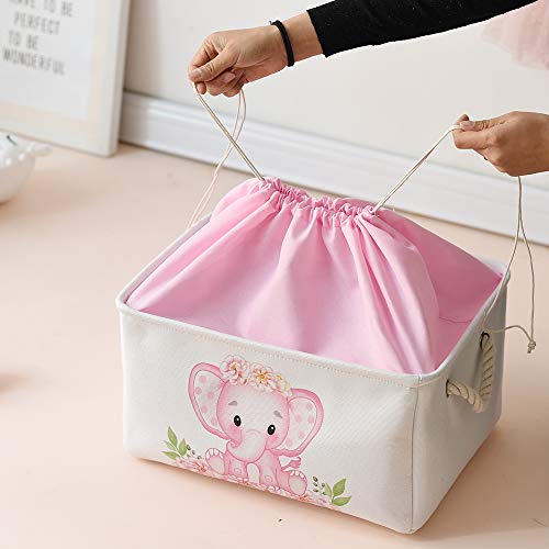 INough 2 Pack Laundry Baskets Pink Hamper Elephant Basket for Kids, Baby Laundry Basket,Large Collapsible Laundry Hamper with Handles Waterproof Round Linen Storage Basket for Toddler