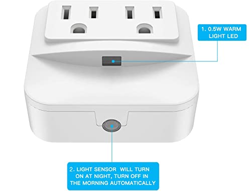 POWRUI Plug-in Night Light with 2-Outlet Extender, Warm White LED Nightlight with Dusk-to-Dawn Sensor for Bedroom, Bathroom, Kitchen, Hallway, Stairs, 4-Pack