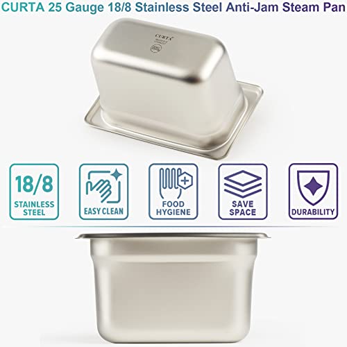 CURTA 6 Pack Anti-Jam Slotted Hotel Pans with Lids, 1/9 Size 4 Inch Deep, NSF Commercial 18/8 Stainless Steel Chafing Steam Table Food Pan with Covers