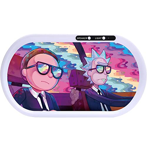 Bluetooth Speaker LED Rolling Tray - Light Up Glow Tray with 7 Colors Party Mode Rechargeable, Smooth Rounded Edges, USB Fast Charging, Unique Art Style Patterns Design, Fun Guys, 13.8”x7.9”.
