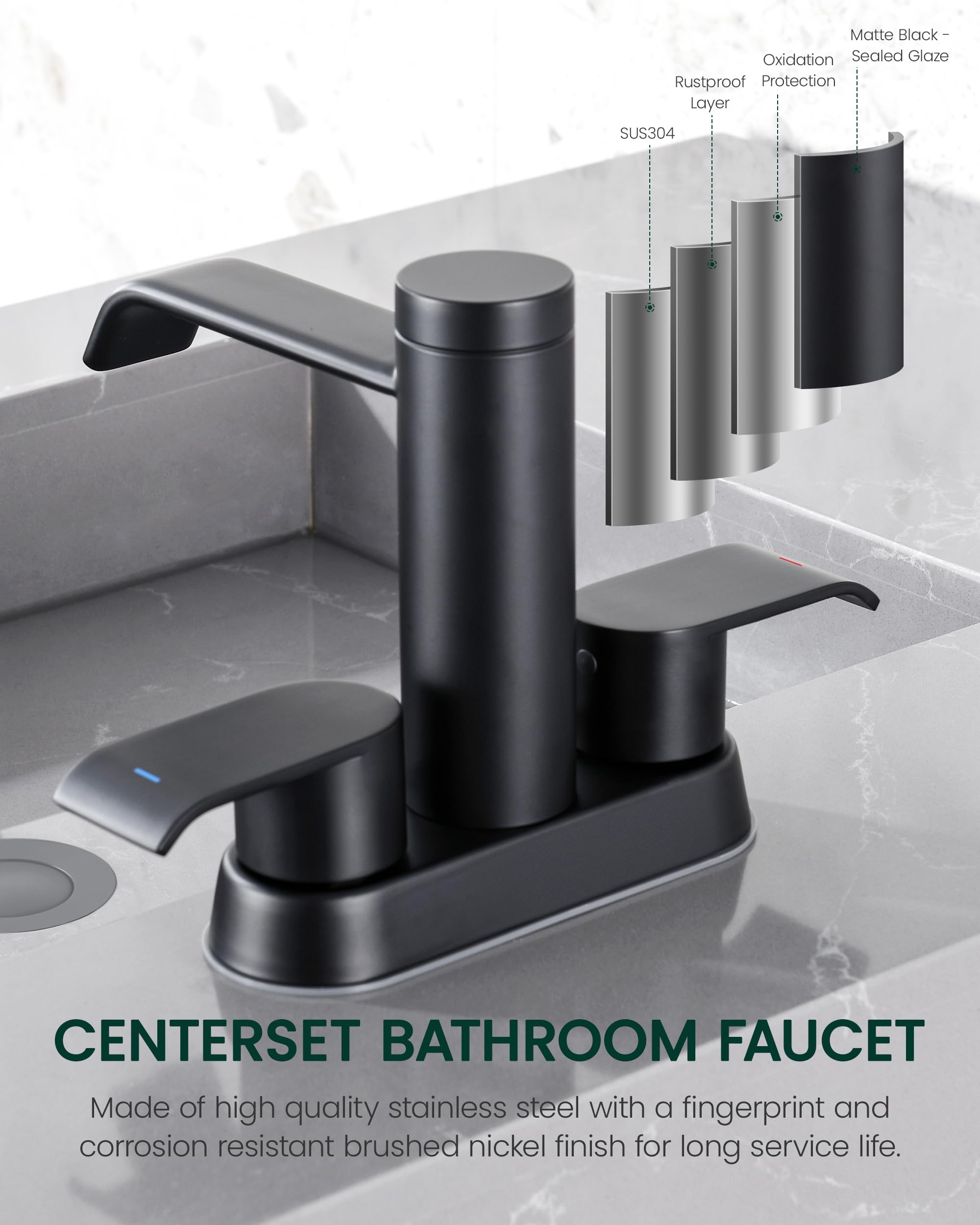 Matte Black Waterfall Bathroom Sink Faucet - HEISOK 4 Inch Bathroom Faucet with Overflow Pop Up Drain & Supply Hose, Stainless Steel 2 Handles Centerset Lavatory Vanity Bath Faucet for 2 or 3 Hole