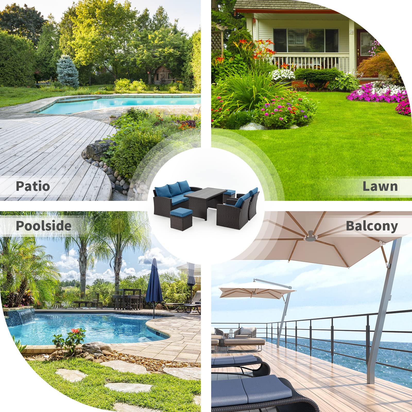 HOMREST 6 Pieces Patio Furniture Sets Clearance, Patio Dining Sofa Set Outdoor Sectional Sofa Conversation Set All Weather Wicker Rattan Couch Dining Table & Chair (Blue)