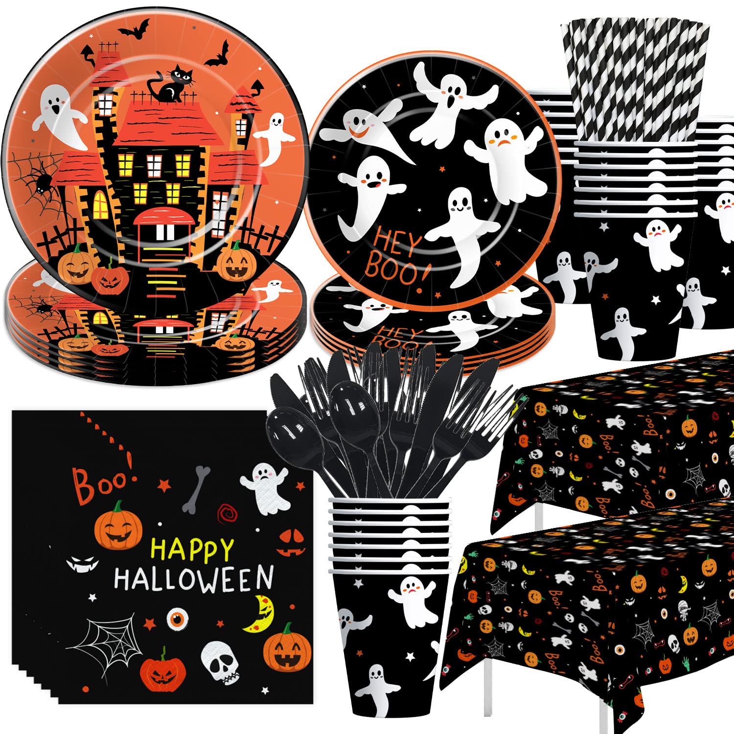 APOWBLS Halloween Decorations Party Tableware - Halloween Party Supplies, Halloween Birthday Plates, Napkins, Cups, Tablecloth, Cutlery, Straws, For Halloween Party Decorations Dinnerware | Serves 24
