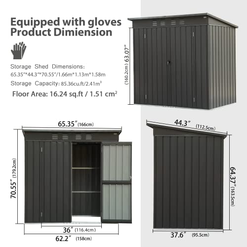 Domi Backyard Storage Shed 5.45' x 3.69' with Sloping Roof Galvanized Steel Frame Outdoor Garden Shed Metal Utility Tool Storage Room with Latches and Lockable Door for Balcony (Dark Gray)