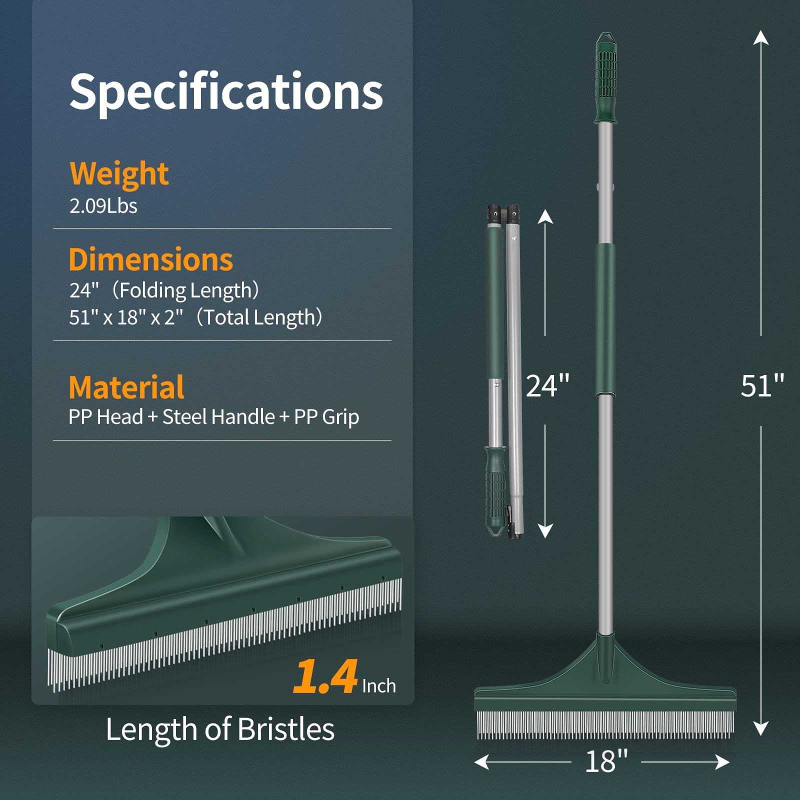 Artificial Grass Turf Rake with Foldable Lightweight Steel Handle, 51" Folding Turf Brush for Carpet Cleaner with Ergonomic Design, Suitable for Pet Hair Removal, Silver Handle and Green Head