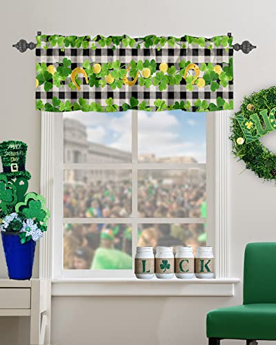 Curtain Valance for Windows St. Patrick's Day Clover Leaf Horseshoe Gold Kitchen Valances Rod Pocket Short Curtains,Black White Plaid Window Treatment Panel for Living Room Bathroom Bedroom 60x18in