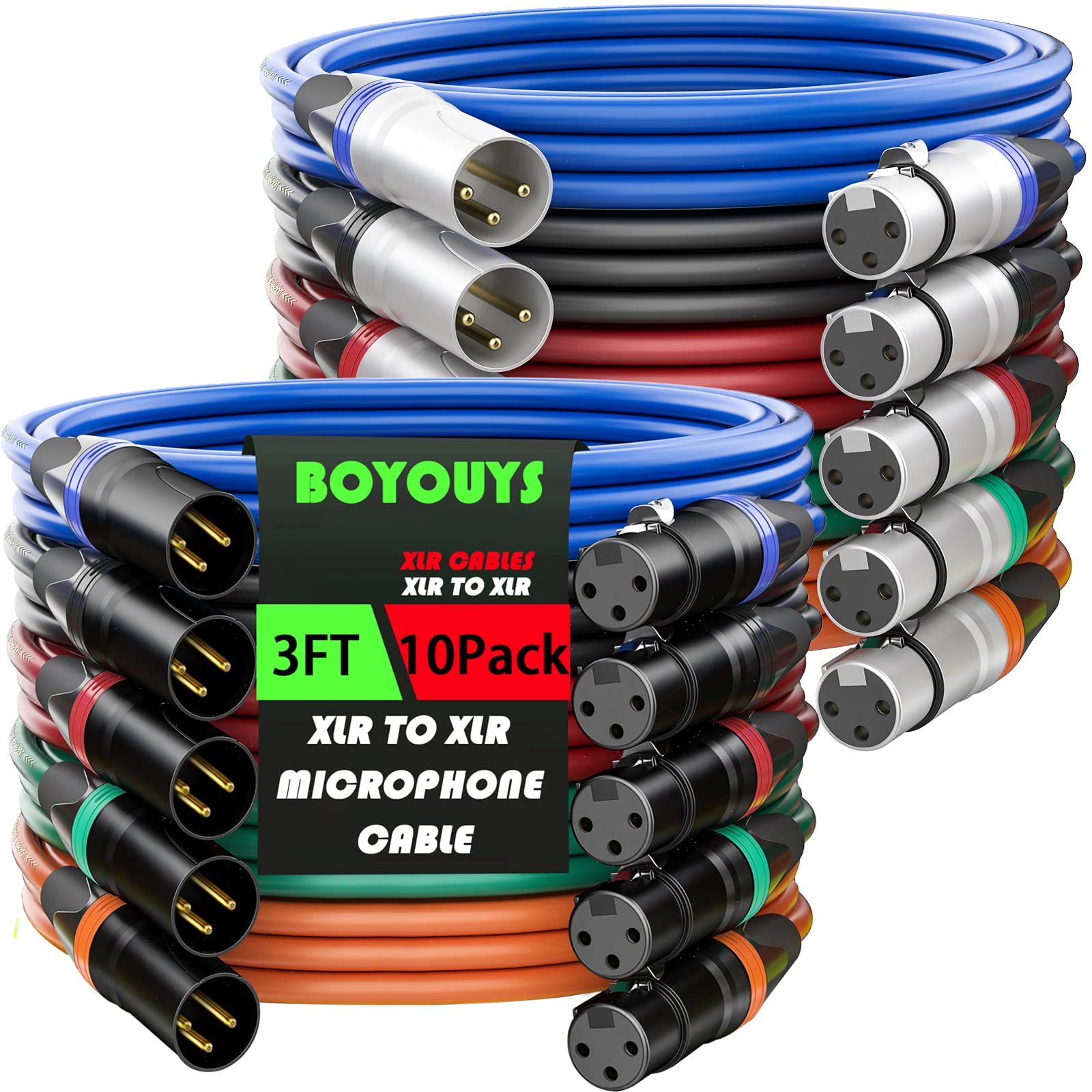 BOYOUYS XLR Cables 3FT 10 Pack XLR Microphone Cable Male to Female Cable 3 Pin Premium Balanced XLR Male to Female Patch Cords for Mic Mixer,Podcast, Studio