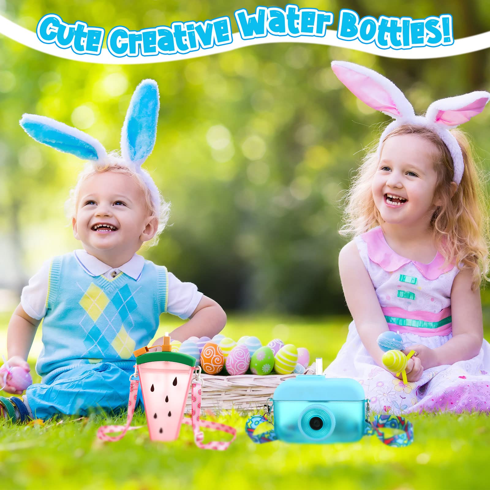 9 Pieces Cute Water Bottles with Straw Camera Ice Cream Bar Watermelon Shaped Adjustable Strap Plastic Water Bottle Leakproof Kawaii Water Bottle Plastic Fruit Water Cups for Kids School Girls Travel