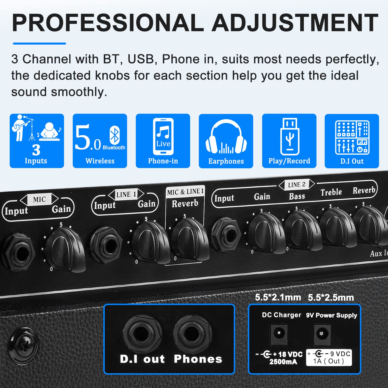 Acoustic Guitar Amplifier, 40 Watt Portable Rechargeable Acoustic Electric Amp for Guitar, Keyboard with Bluetooth, 3 Channel, 2 Band EQ, Reverb, Black