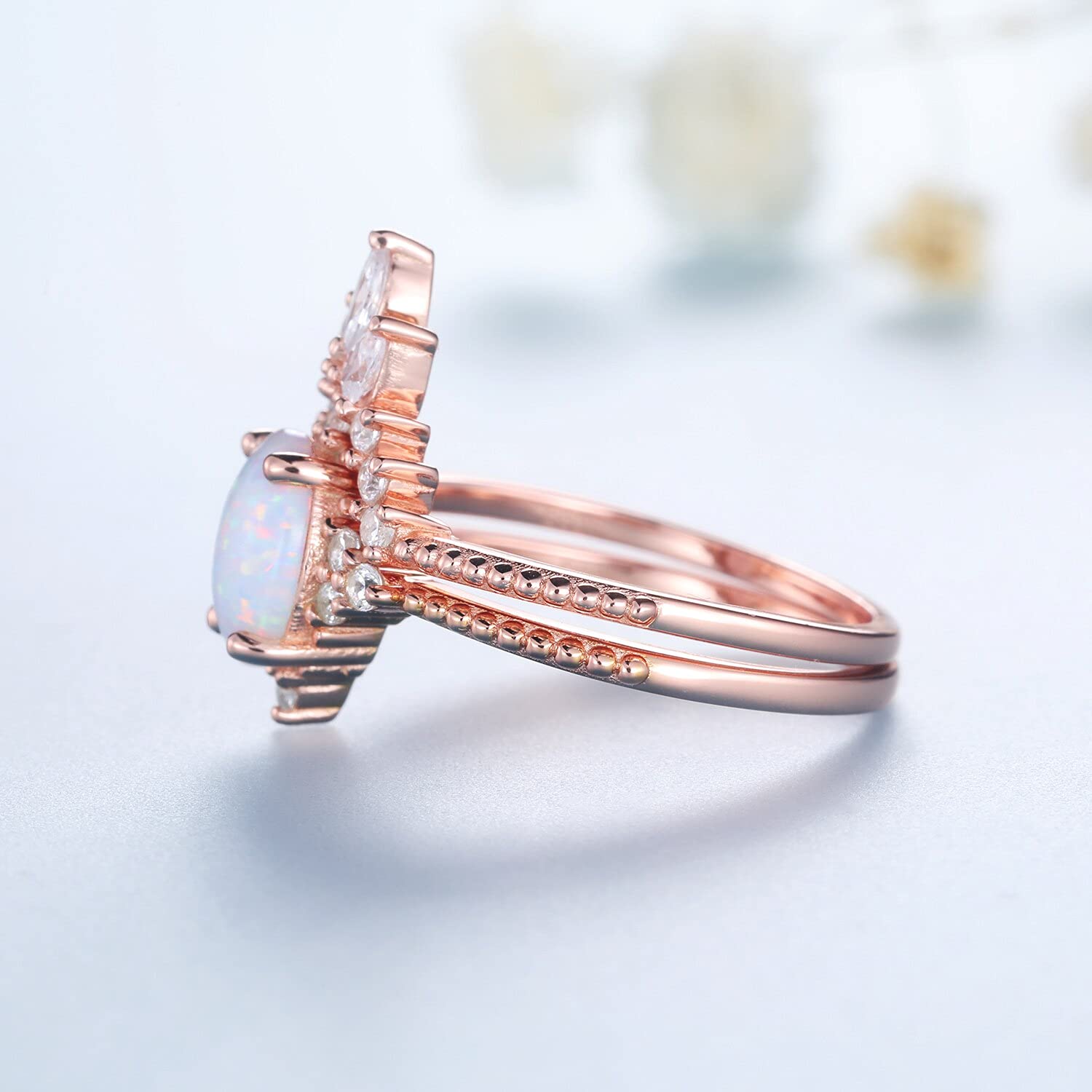 925 Sterling Silver Rose Gold White Fire Opal CZ Diamond Engagement Ring Stackable Wedding band Set Women Bridal set Statement Anniversary Ring Gift Promise Oval Cut White Gold Yellow Gold