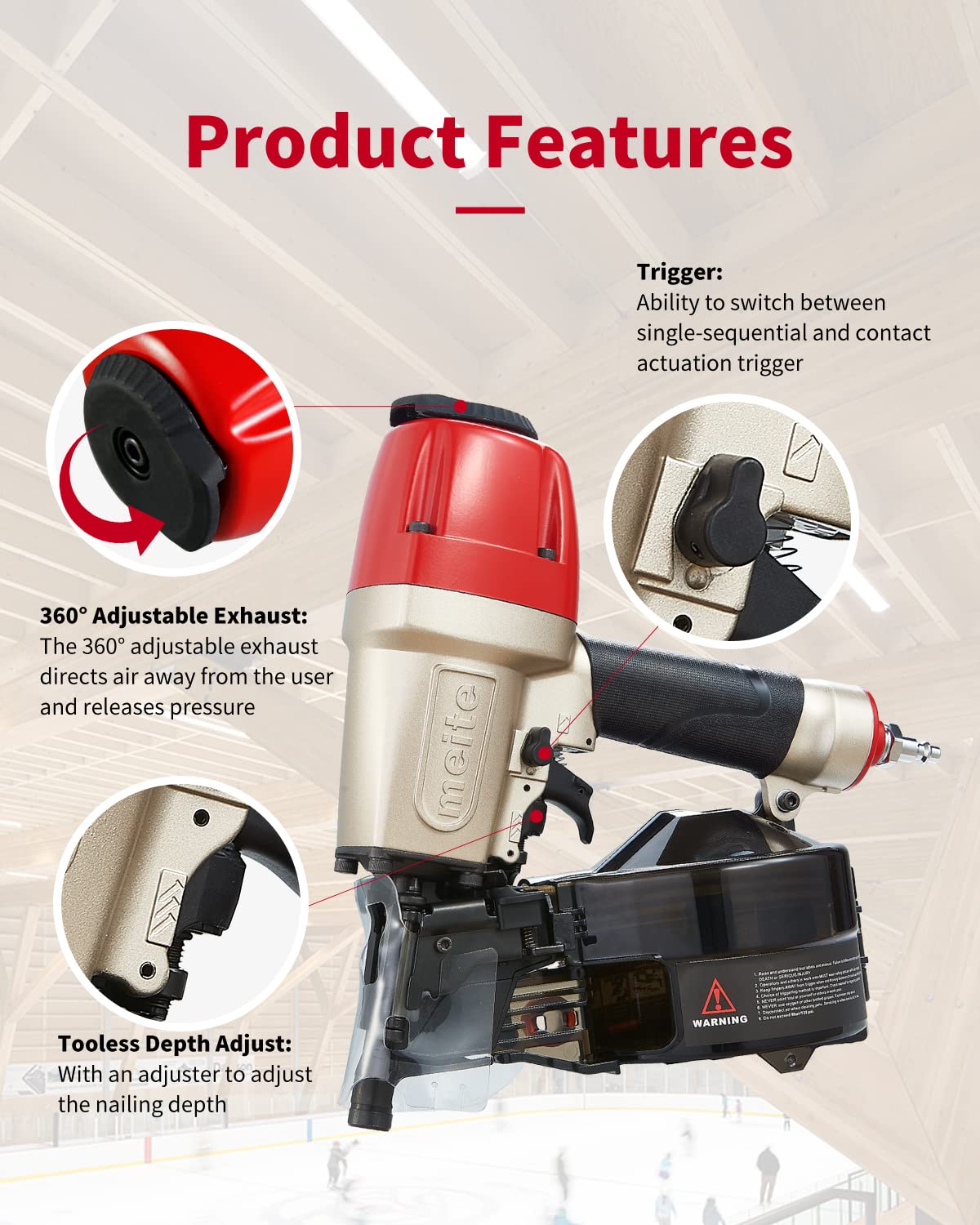 meite Siding Nail Gun, Pneumatic Coil Siding Nailer Professional Lightweight Air Coil Nail Gun with Safety Nose, Compatible with 1-1/2 Inch to 2-1/2 Inch Coil Siding Nails (CN65S)