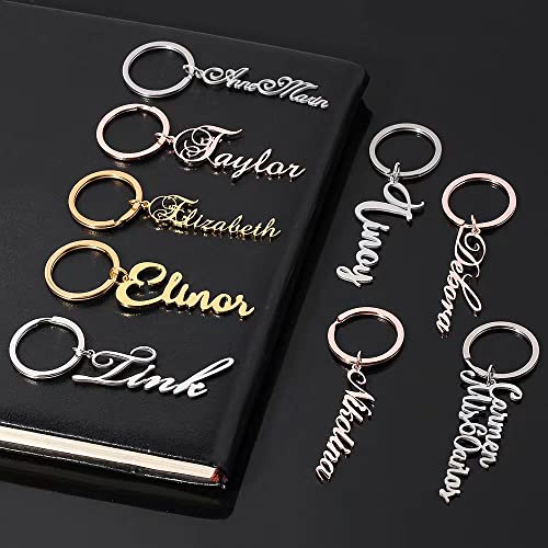 Custom Name Keychain Personalized, Stainless Steel Gold Plated Dainty Engraved Letters Personalized Key Chain,womens (Silver)