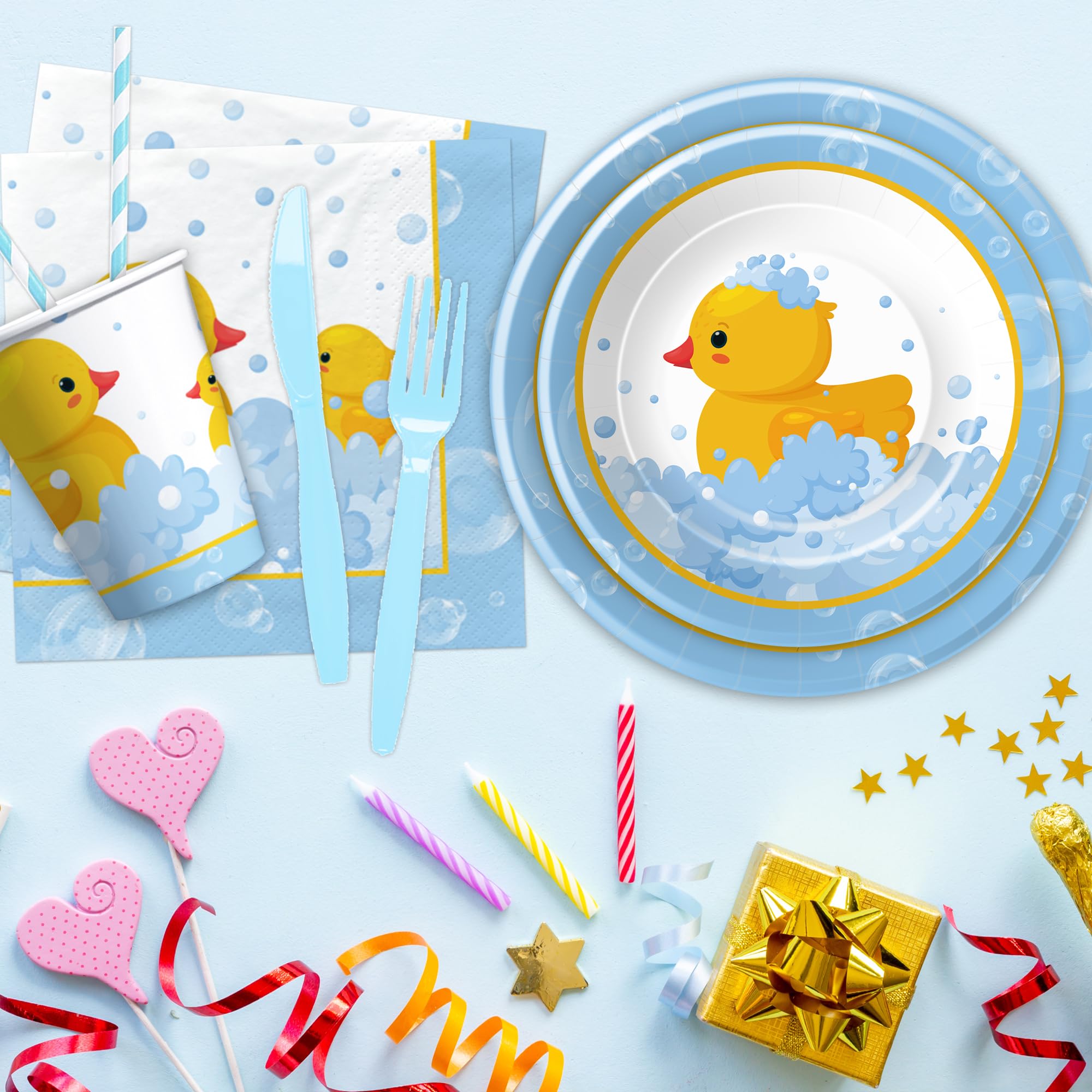 APOWBLS Rubber Duck Decorations Tableware - Duck Party Supplies For Baby Shower Birthday, Paper Plate, Napkin, Tablecloth, Fork, Bubble Bath Rubber Duck Party Decorations Dinnerware | Serve 24