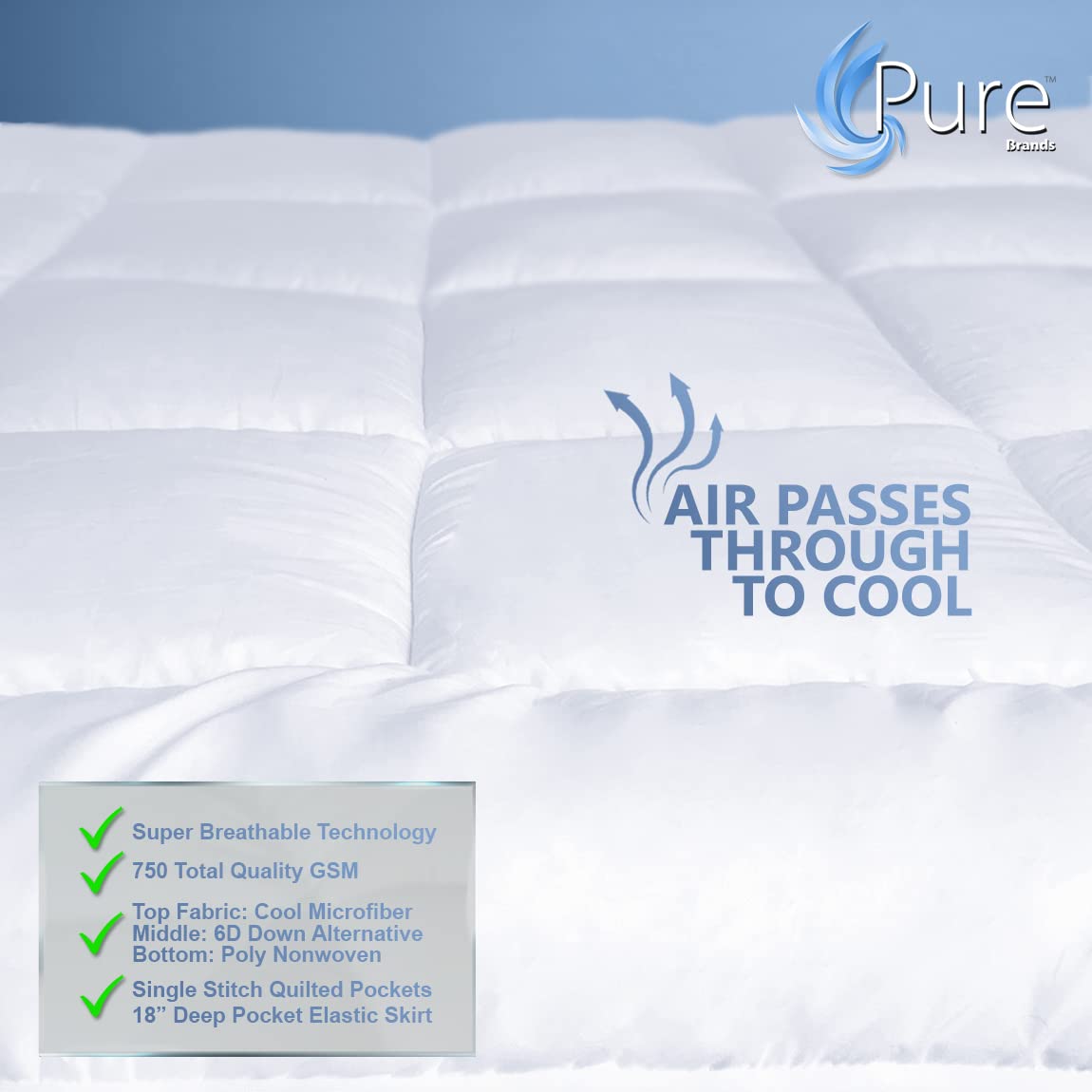 Pure Brands Full Mattress Topper & Mattress Pad Protector in One Quality Plush Luxury Down Alternative Pillow Top Make Your Bed Luxurious 18" Deep Pockets
