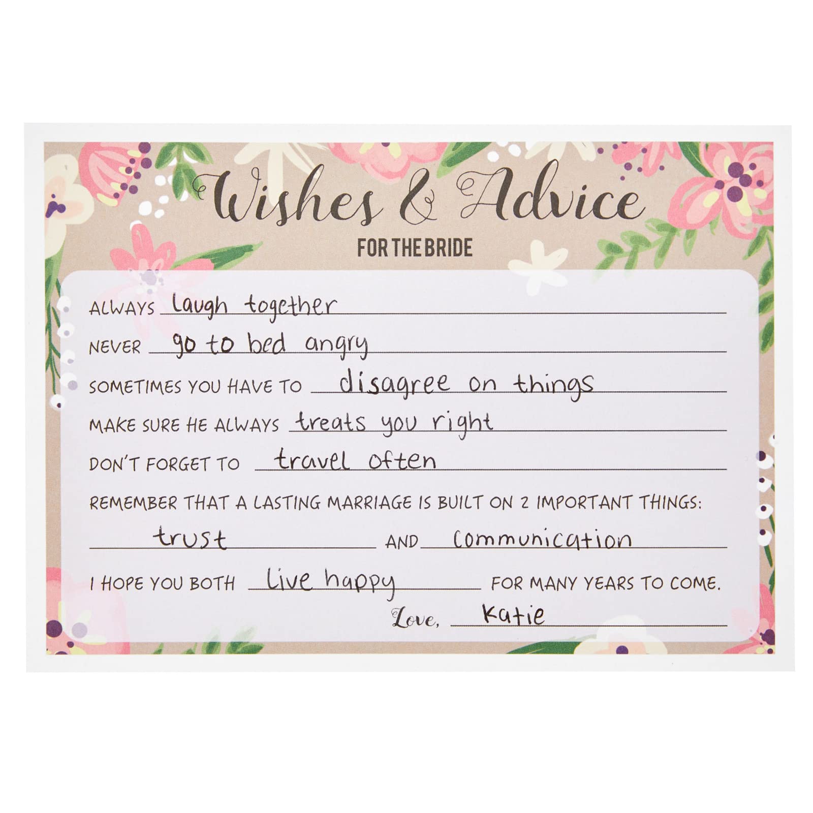 Best Paper Greetings 50 Pack Floral Wedding Advice Cards for Bride, Bridal Shower Games (5x7 In)