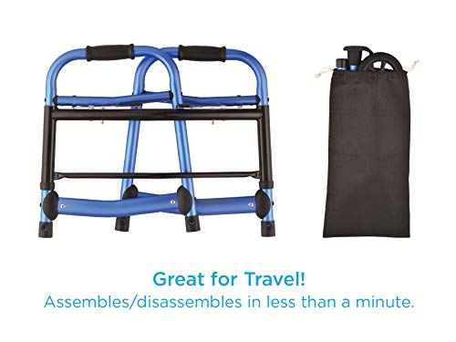 NOVA Medical Products Folding Walker with 5” Front Wheels, Glide Skis and Mobility Bag, Portable and Great for Travel, Blue