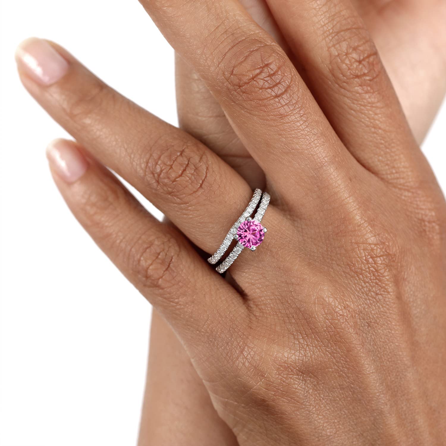 925 Sterling Silver Pink Created Sapphire and White Moissanite Wedding Engagement Band Bridal Set Ring For Women (1.49 Cttw, Gemstone September Birthstone, Available In Size 5, 6, 7, 8, 9)