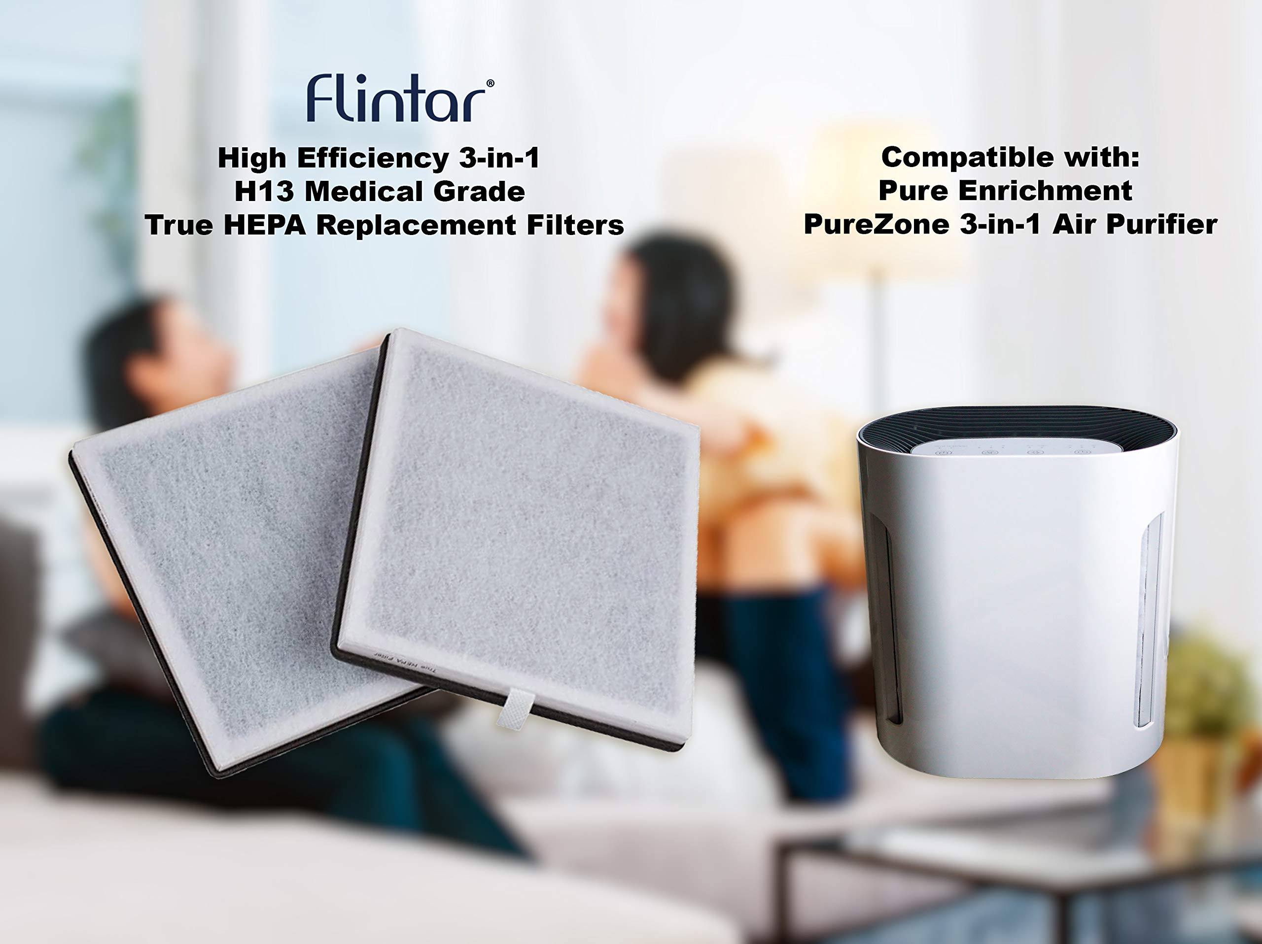Flintar 3-in-1 H13 Grade True HEPA Replacement Filter, Compatible with Pure Enrichment PureZone Air Purifier PEAIRPLG (Not For Levoit Vital 100), 2-Pack