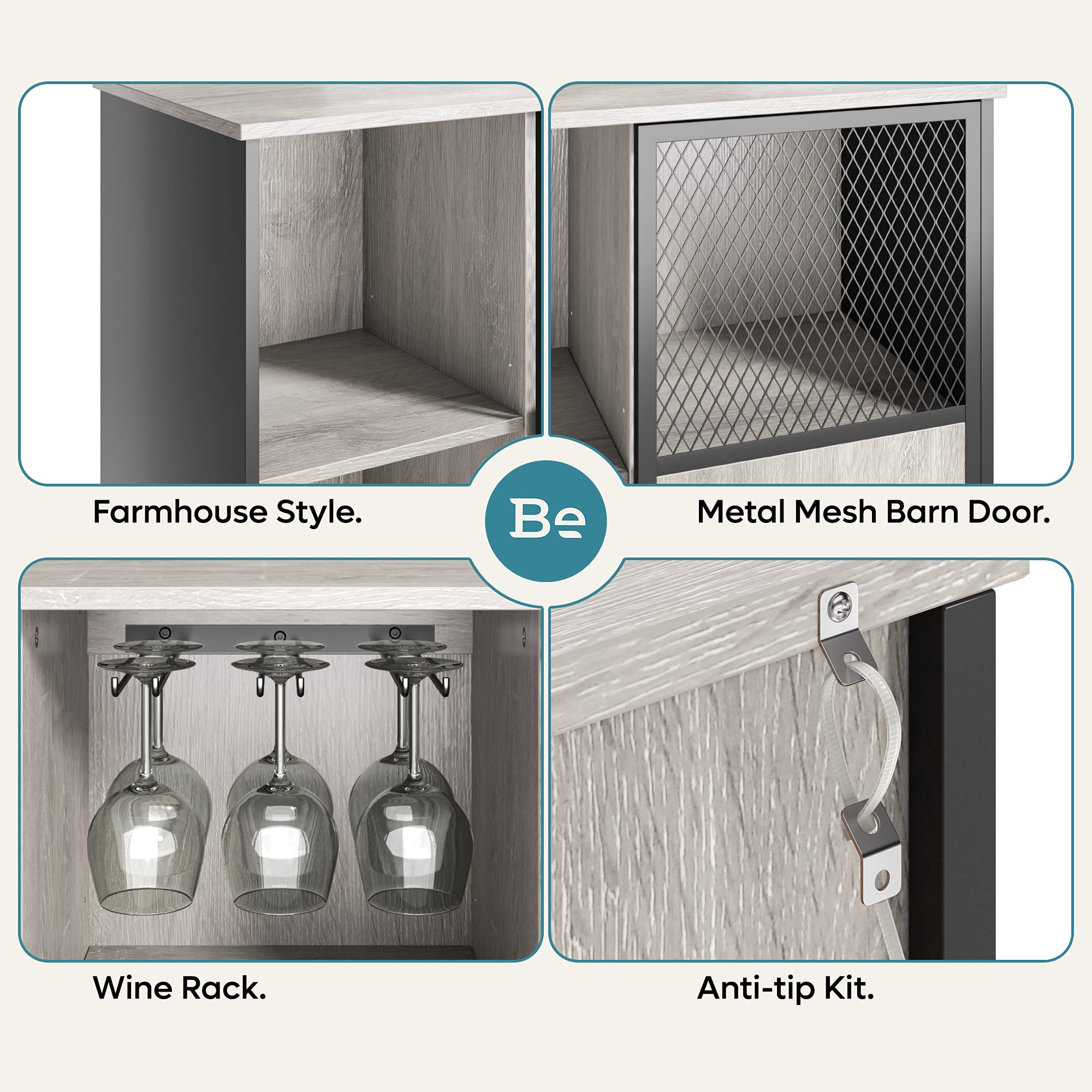 Bestier Industrial Bar Cabinet for Liquor and Glasses with Sliding Metal Mesh Door Kitchen Accent Sideboard Buffet Wine Rack with Adjustable Shelf Home Bar Furniture Gray